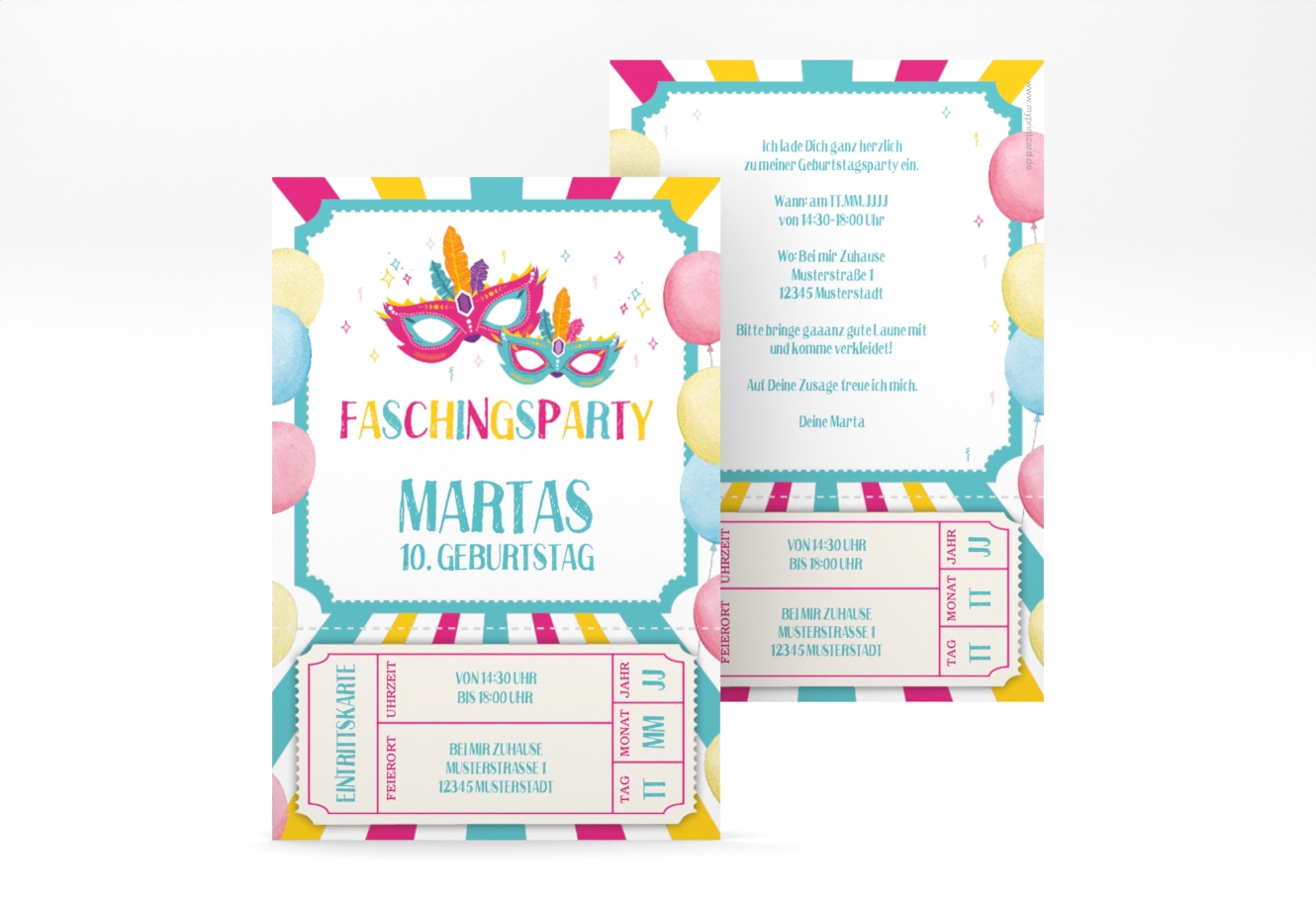 Einladungskarte Kindergeburtstag "Fasching", A6 Karte hoch, kind ...
