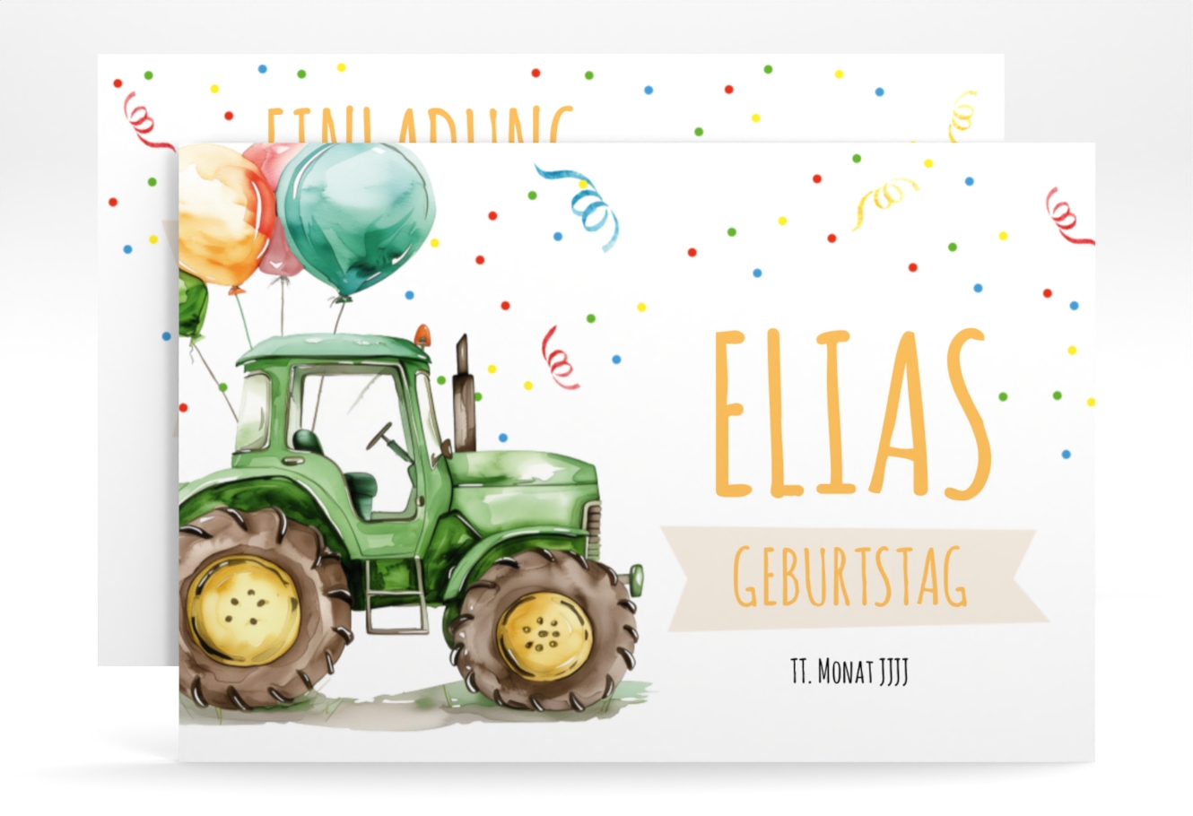 Einladungskarte Kindergeburtstag "Traktor", A6 Karte quer, kind. Geburtstag