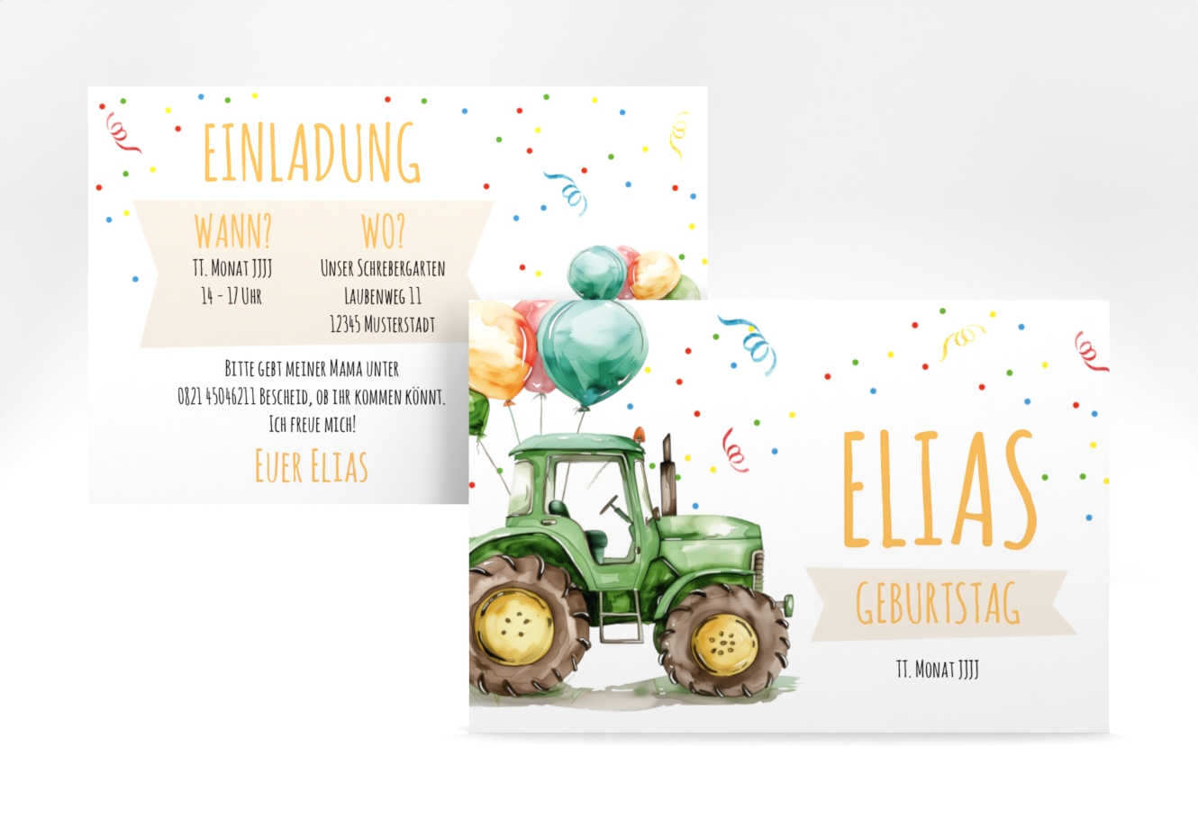 Einladungskarte Kindergeburtstag "Traktor", A6 Karte quer, kind. Geburtstag